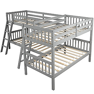P PURLOVE Twin Over Twin Bunk Bed, L-Shaped Twin Size Bunk Bed Frame Wood Slat Support No Box Spring Needed (Gray)