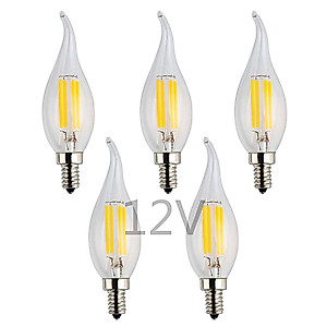 OPALRAY Low Voltage 12V LED Candelabra Bulb, 12V DC or 12V AC, 4W Dimmable, 2700K Warm White Light, E12 Small Base, 40W Incandescent Replacement, 12Volt DC Operated, Clear Glass Flame Tip, 5-Pack