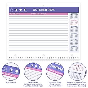 2024 Calendar - 2024 Wall Calendar, JAN. 2024 - DEC. 2024, 11" x 8.5", 12 Monthly Calendar 2024 with Twin-Wire Binding + Hanging Hook + Unuled Blocks with Julian Dates - Purple