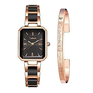 devaco Stainless Steel Rose Gold Diamond Quartz Wristwatch, Fashionable Square Waterproof Date Ladies' Watch (Black-glod)