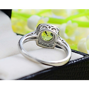 Natural Yellow Peridot 7 MM Round Cut August Birthstone Gemstone 925 Sterling Silver Solitaire Unisex Proposal Ring For Wedding Gift (Rhodium Plated Silver, 6.5)