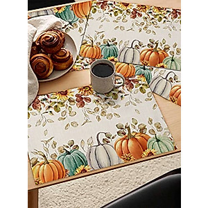 Fall Pumpkin Placemats Set of 6, Thanksgiving Maple Leaf Eucalyptus Indoor Outdoor Dining Table Place Mats, Autumn Sunflower Botanical Blue Grey Pumpkins Woven Table Mats for Kitchen/Party 13"x19"