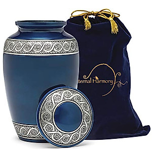 Eternal Harmony Cremation Urn for Human Ashes | Memorial Urn Carefully Handcrafted with Elegant Finishes to Honor and Remember Your Loved One | Adult Urn Large Size with Beautiful Velvet Bag (Blue)
