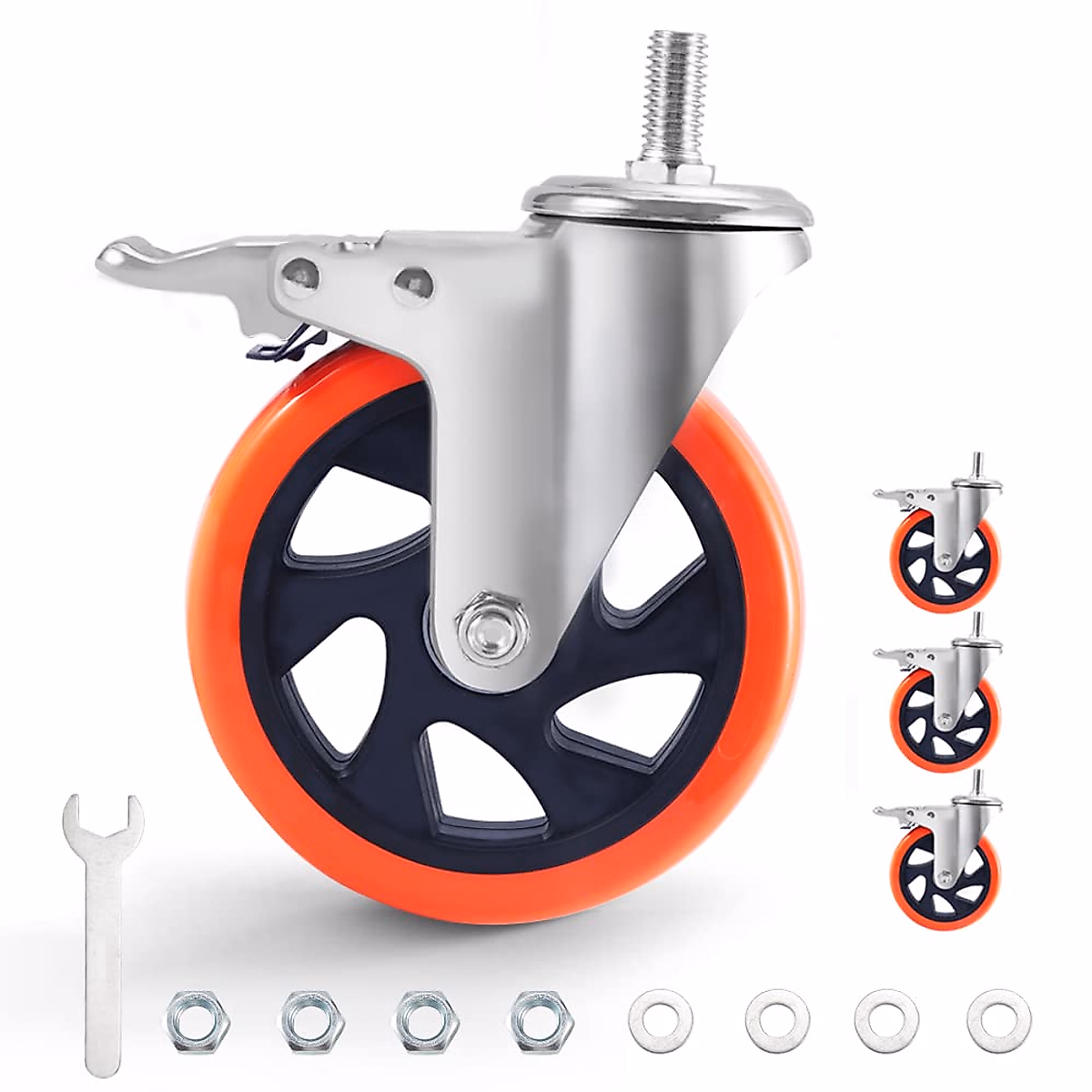 5 inch Casters Heavy Duty Swivel Threaded Stem Caster Wheels with Threaded Diameter 1/2''-13x1'' Length 1 Inch Thread Dual Locking Wheel with Brakes Pack of 4 (5 inch)