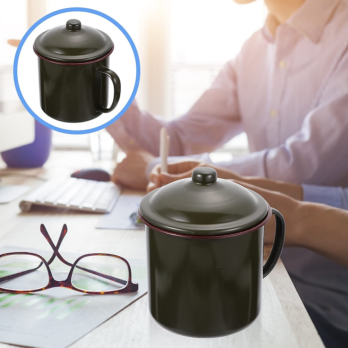 Garneck Enamelware Coffee Mug Enamel Camping Mug Vintage Iron Metal Water Cup with Lid Retro Wine Cup Drinking Tumbler for Tea Milk Juice Beverage Whiskey Green 12cm