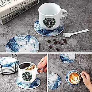 Onntec Blue Coasters for Drinks Marble Style,Absorbent Ceramic Coaster with Metal Holder Stand,House Warming Gifts Decor Set of 6 with Cork Base for Wooden Table
