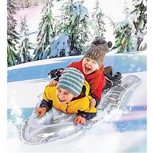 POZA Inflatable Silver Snow Tubes Collection - Silver Snow Sled Tube, Snowmobile, Boogie Sled with Handles and Snowflake Confetti, Cold Resistant Heavy Duty PVC Tube Sled for Adults and Kids - 3 Piece