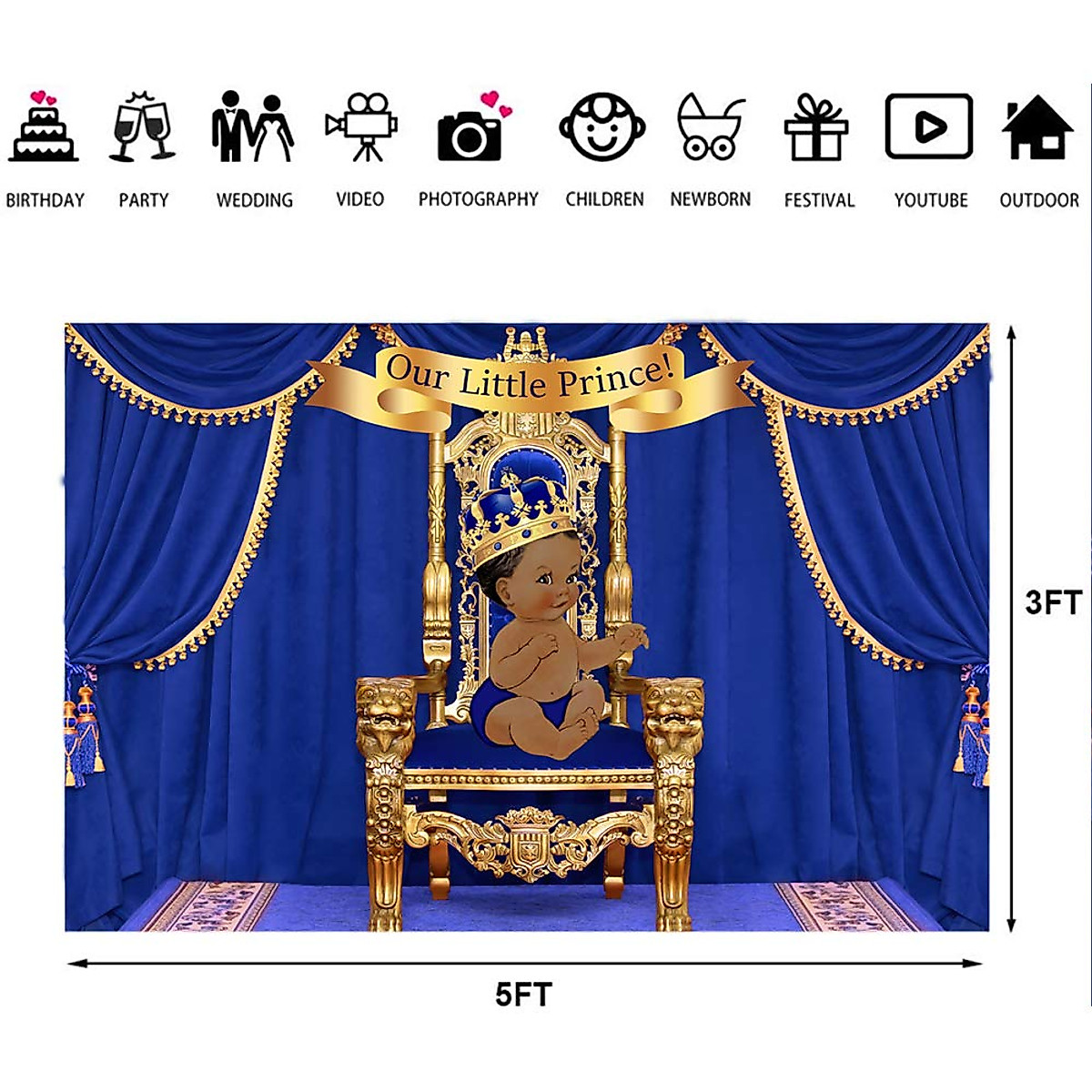 5×3ft Royal Little Prince Boy King Baby Shower Backdrop Blue Curtain Gold Crown Theme Party Banner Decorations Ethnic Black Boys Newborn 1st Birthday Cake Table Supplies Portrait Shooting Photo Props