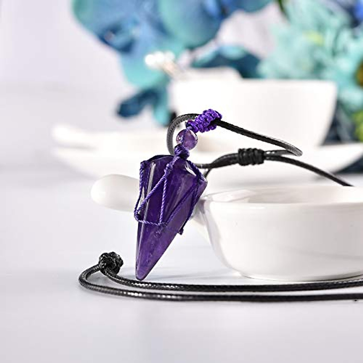 PESOENTH Amethyst Necklace Purple Quartz Crystal Dowsing Pendulum Divination Healing Necklace Cord Adjustable,Natural Gemstone Hexagonal Pointed Cone Reiki Chakra Pendant