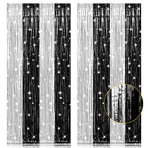 PIGETALE, 2 Pack 3.2 x 8.2 ft Black and Silver Foil Fringe Curtains Party Decorations, Sparkle Tinsel Curtain Photo Backdrop for Birthday Wedding Graduation Stream