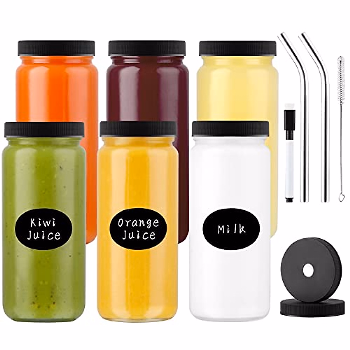 Glass Juice Bottles for Juicing, Airtight Lids & 4 Straws & 4 Lids w Hole, 16 oz Jars with Lids, Reusable Travel Water Cups, 12 Labels for Smoothies, Tea, Milk, Homemade Beverage (6 Pack, Black Lids)