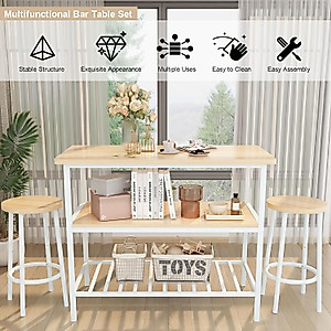 AWQM Island Table with Seating and Storage, Beige, 3 Shelves, Wooden Counter Height Table Top, 2-piece Bar Table Set for Small Space
