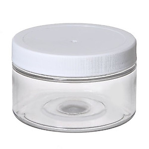 Grand Parfums 6 Clear Low Profile 4 Oz Jars PET Plastic Empty Cosmetic Containers, White Caps, Sugar Scrub, Powder, Body Cream, Lotion, Beads