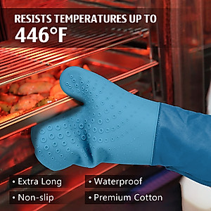 Extra Long Silicone Oven Mitts and Pot Holders Sets of 4, Novoconi Oven Mitts Heat Resistant 446F with Quilted Cotton Liner, Non-Slip & Waterproof Silicone Oven Mitts for Kitchen Cooking and Baking