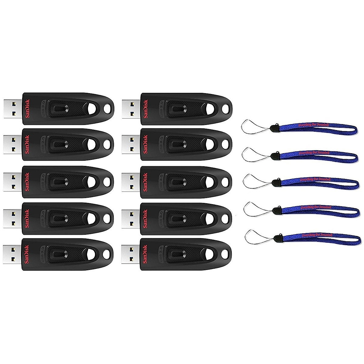 SanDisk Ultra USB (10 Pack) 3.0 32GB CZ48 Flash Drive High Performance Jump Drive/Thumb Drive/Pen Drive up to 100MB/s - Bundle with (5) Everything But Stromboli Lanyard
