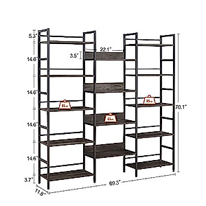 Bookcases and Bookshelves Triple Wide 5 Tiers Industrial Bookshelf, Large Open Bookshelves Display Shelves with Metal Frame for Living Room Bedroom Home Office, Dark Gray