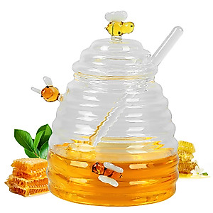 zhqinger Honey Jar with Dipper and Lid Glass Jars with Cute Little Bee Large Glass Jar Honey Syrup Container for Kitchen Coffee Bar Baking
