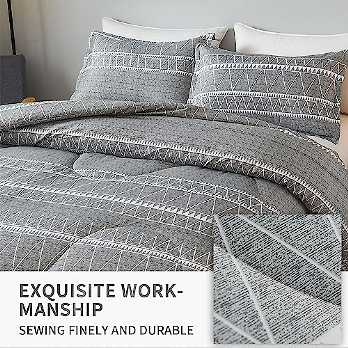 Andency King Size Comforter Set Grey, 3 Pieces Bedding Comforter Sets (1 Geometric Striped Comforter & 2 Pillowcases), Gray Bohemian Summer Lightweight Microfiber Down Alternative Bed Set