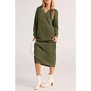 PRETTYGARDEN Women's 2024 Fall Knit Sweater Dress Long Sleeve Button V Neck Loose Casual Maxi Dresses (Black,X-Large)