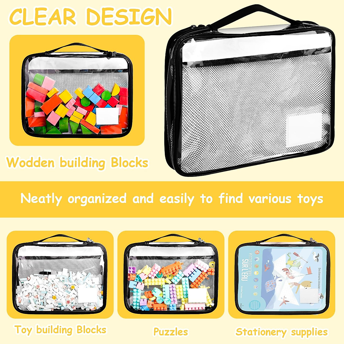 Partreko 2 Packs Clear PVC Zippered Blocks Set, Waterproof Toy Storage Organizer with Mesh Pocket and Label, Traveling Toy Bags with Handle for Board Games, Building Blocks, Toys, Large