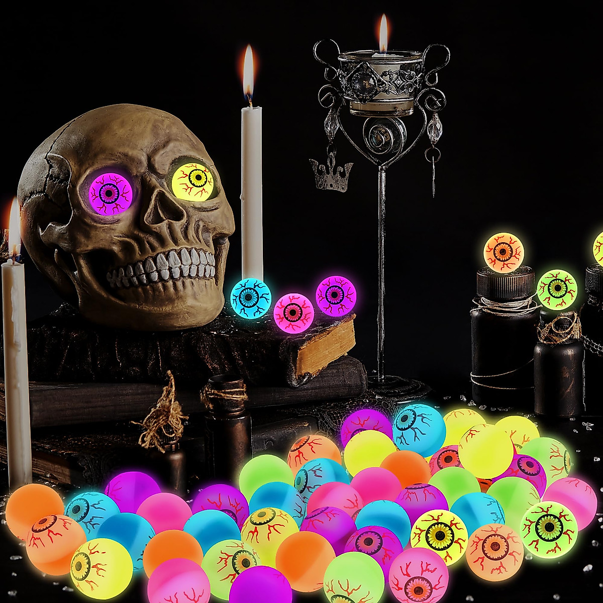 12PCS Halloween Party Favors, Glowing Bouncy Balls, Rubber Halloween Toys for Trick or Treat, 30mm Halloween Eyeballs in 6 Designs for Kids Adults Halloween Goodie Bag Stuffers Party Present Decor