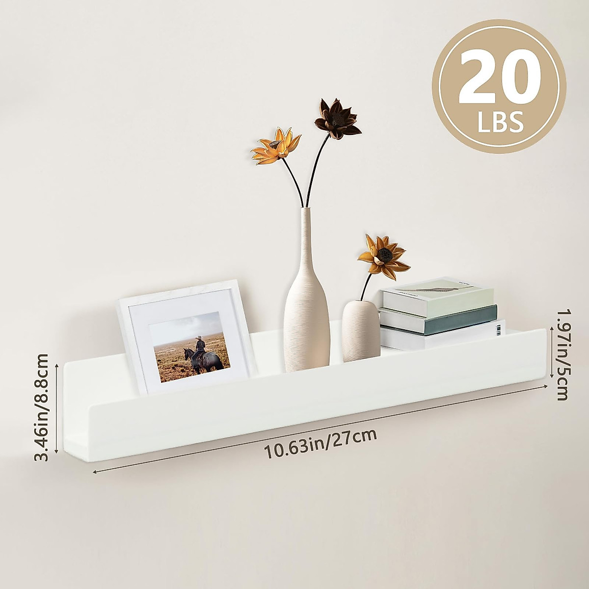 Floating Shelves for Wall Storage with Lip, 10.5" Picture Ledge Shelf Set of 3, White Acrylic Floating Shelf for Wall, Floating Wall Shelves for Kitchen, Bedroom, Bathroom Storage, Wall Home Decor