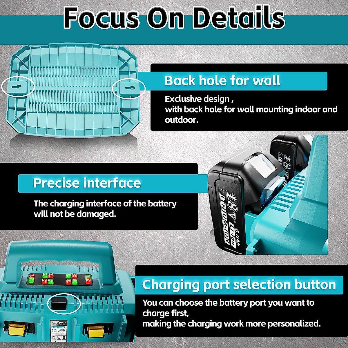 【Charge Choose Button & Wall Hole】 Replacement 6 Port Charger for Makita 18V Six Port Lithium-Ion Charger Fast Charge with Power Button,6 LED Indicators