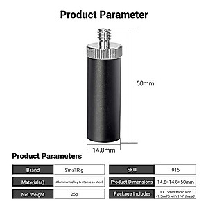 SMALLRIG Standard 15mm Micro Rod 1.5 Inches Long with 1/4" Male Female Thread for Clamp Mount - 915