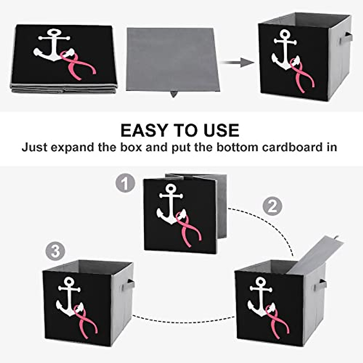 Anchor with Breast Cancer Ribbon Large Cubes Storage Bins Collapsible Canvas Storage Box Closet Organizers for Shelves