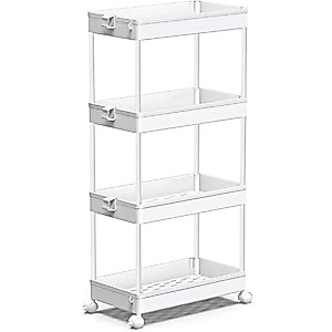 SPACEKEEPER Storage Cart, 4-Tier Mobile Shelving Unit, Bathroom Rolling Cart Utility Storage Organizer Shelf for Kitchen Living Room Bathroom Laundry Room & Dressers, White