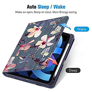 Fintie Folio Case for iPad Air 11-inch M2 (2024), iPad Air 5th / 4th Generation (2022/2020) 10.9 Inch, Multi-Angle Viewing Soft TPU Cover with Pocket & Pencil Holder, Blooming Hibiscus