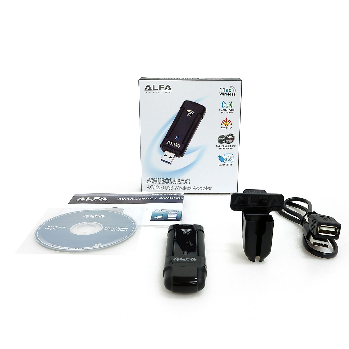 Alfa Long-Range AWUS036EAC AC1200 Wireless USB Wi-Fi Adapter - USB Dongle Adapter for Ultimate Compactness Holder w/Clip & Suction Cup Included