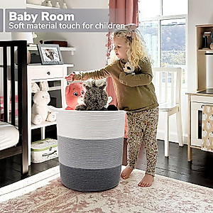 INDRESSME 17¾ x 15¾ x 13¾ inches Grey Baby Laundry Basket Thread Cotton Rope Basket Toy Storage Basket Organizer Tall Woven Basket Blanket Storage Baby Laundry Nursery Hamper for Living Room Toy Gifts