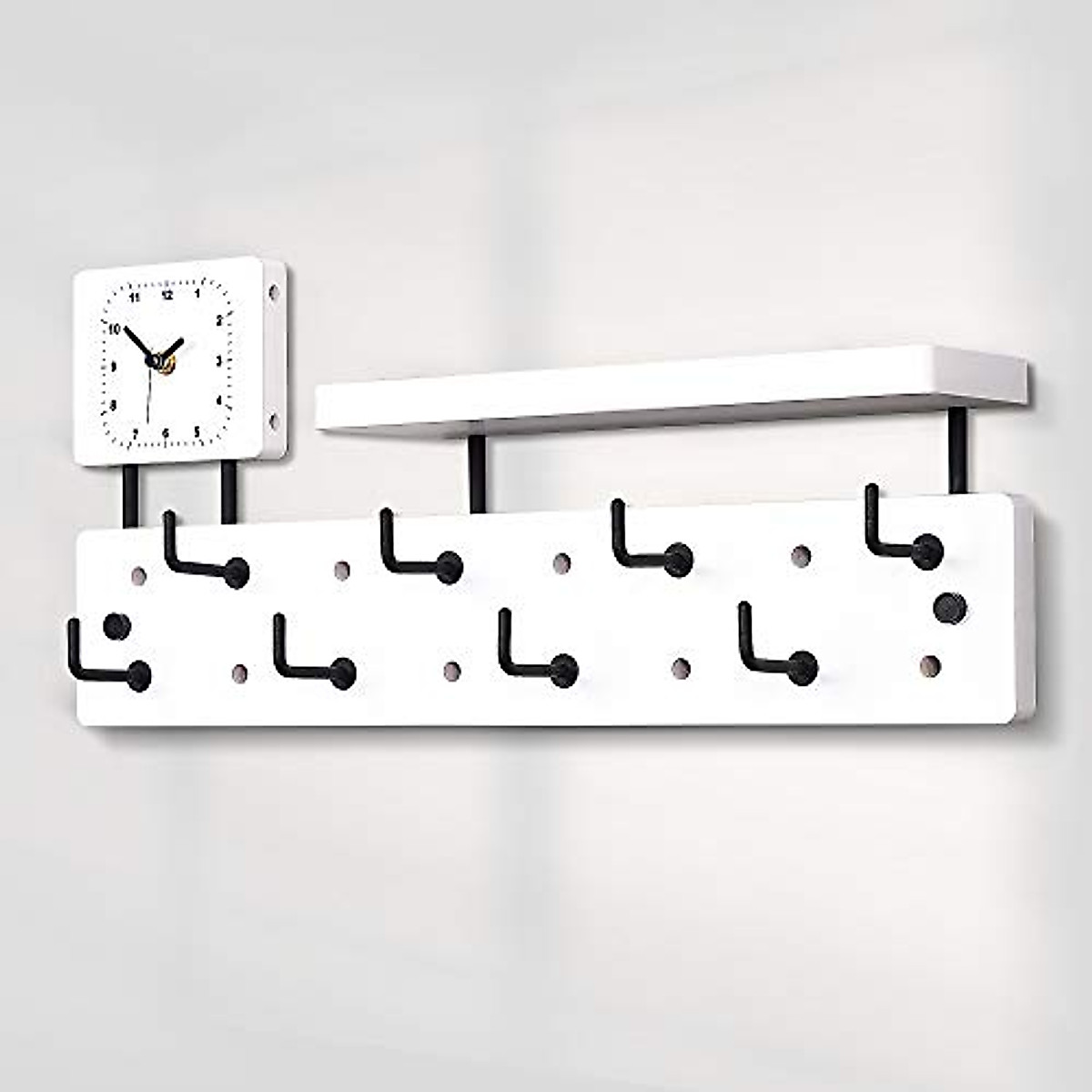 Entryway Coat Hooks with Shelf and Clock, Wall-Mounted Hanging Rack, Hallway/Living Room/Bedroom Organize and Decor Display Hook Rack. Bamboo Wood Body with 8 Metal Hooks, White Colour