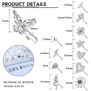 YADOCA 12 Pcs 20G Nose Studs Surgical Steel Nose Rings Studs for Women Men CZ Heart Butterfly Flower Snake Nose Piercing Jewelry