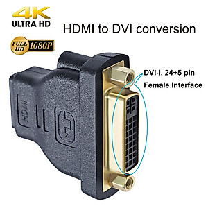 DTECH DVI Female to HDMI Female Adapter HDMI to DVI-I Converter Bi-Directional 24+5 Port 4K 1080p Video for Computer Monitor PC TV Box Home Cinema Display