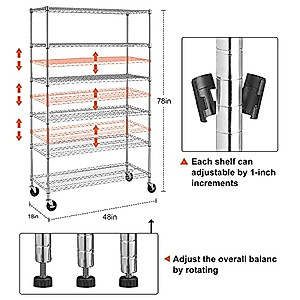 YRLLENSDAN 6000Lbs Capacity Adjustable Storage Shelves Heavy Duty Shelving Unit 6 Tier Metal Shelving with Wheels NSF Wire Shelving (48" W x 18" D x 72" H,Chrome)