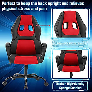 Gaming Chair PC Computer Chair Office Chair for Adult Teen Kids, Ergonomic PU Leather Gamer Chair with Lumbar Support High Back Adjustable Rolling Swivel Desk Chair, Red