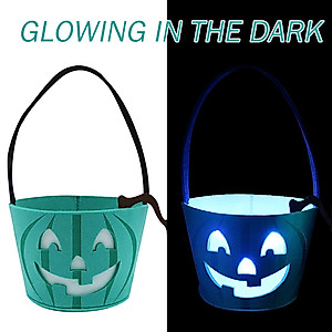 Ahuimeius Light Up Teal Pumpkin Halloween Felt Trick or Treat Bucket, with Blue LED lights, Halloween Party Favors, Halloween Snacks, Halloween Goodie Bags for Kids, Novlety Gifts