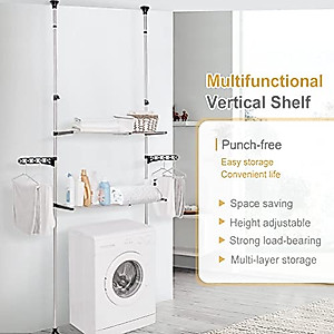 BAOYOUNI 2-Tier Adjustable Laundry Shelf Over The Toilet Washing Machine Storage Rack Tension Pole Bathroom Space Saver Organizer with Clothes Towels Hanger Hook, Black