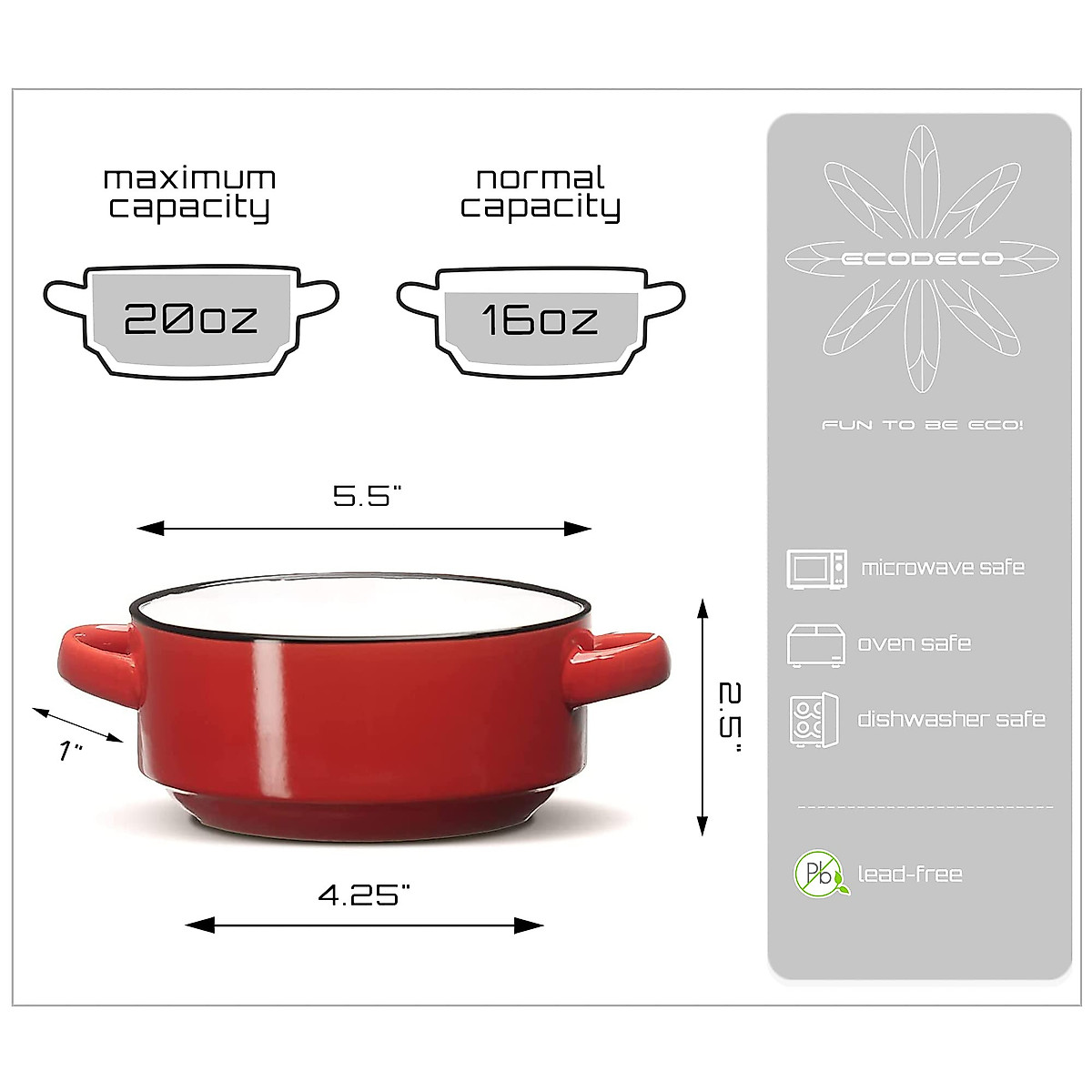 ECODECO Baking Serving Ceramic Red Soup Bowls with Handles - 16 Ounce - Set of 2 - Chowder Bisque Pot Pie Crocks