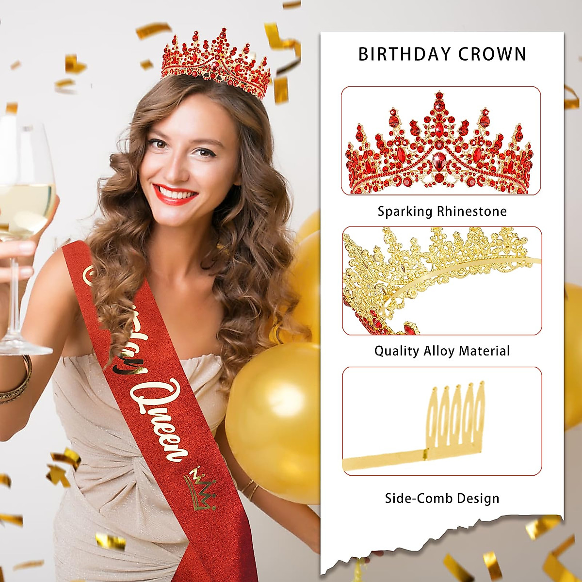 KICOSY Birthday Sash and Crown for Women Red Birthday Headband and Birthday Queen Sash Set Happy Birthday Tiara for Women Crystal Birthday Crown Adult Women Birthday Decorations