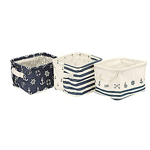 Orino Waterproof Nursery Nautical Fabric Small Storage Baskets Beach Anchor Theme Collapsible Portable Storage Bins with Handle for Cloth, Toys, Books, Sundries, Set of 3