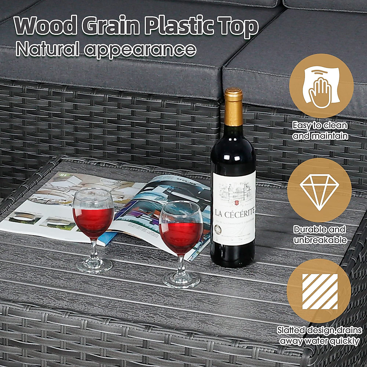 7 Piece Outdoor Patio Furniture Set with Cushions, PE Rattan Wicker Modular Outdoor Sectional L Shape Patio Conversation Sofa Set with Coffee Table, and Two Pillows (Light Gray/Gray)