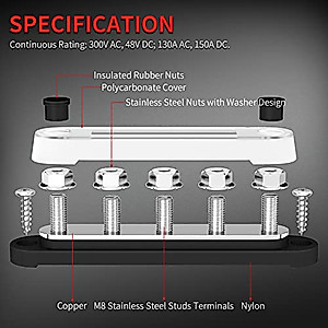 DaierTek 12V Power Distribution Block 5 x 5/16" (M8) Terminal Studs 12V Bus Bar with Cover Max 300V AC 48V DC Positive & Negative Battery Distribution Block for Automotive Car Boat