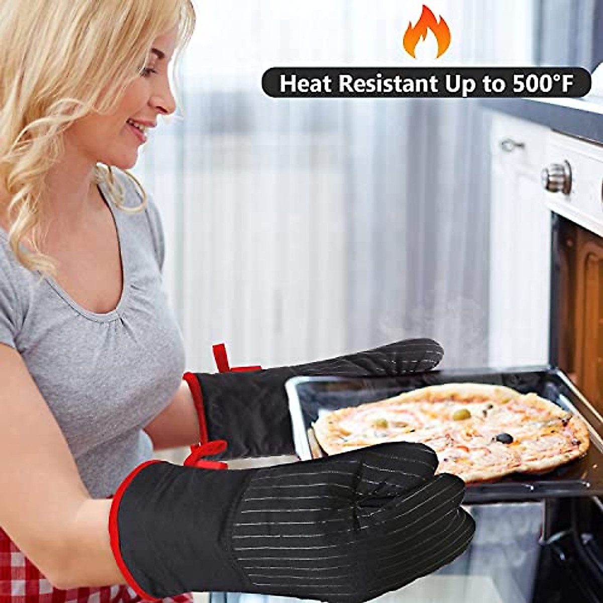AORESAC Oven Mitts and Pot Holders Set, 500°F Heat Resistance and Flexible Oven Gloves for Kitchen Cooking, Non-Slip Silicone Surface and Soft Quilted Liner, 4 Pieces Set, 13 Inches