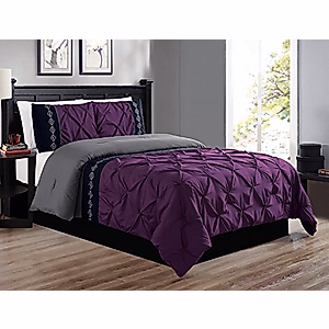 Grand Linen 3 Piece Full Size Dark Purple/Grey/Black Double-Needle Stitch Puckered Pinch Pleat All-Season Bedding-Down Alternative Embroidered Comforter Set