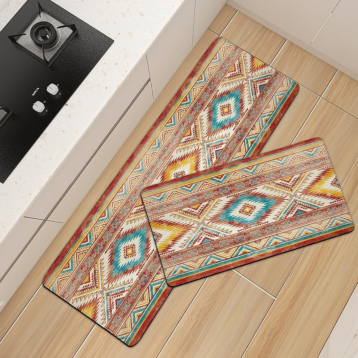 Tritard Kitchen Floor Mat Set of 2 Cushioned Anti Fatigue Western Aztec Kitchen Mats Memory Foam PVC Rubber Rugs Padded Non Slip Waterproof Kitchen Rugs Comfort Kitchen Mats for Standing, Kitchen