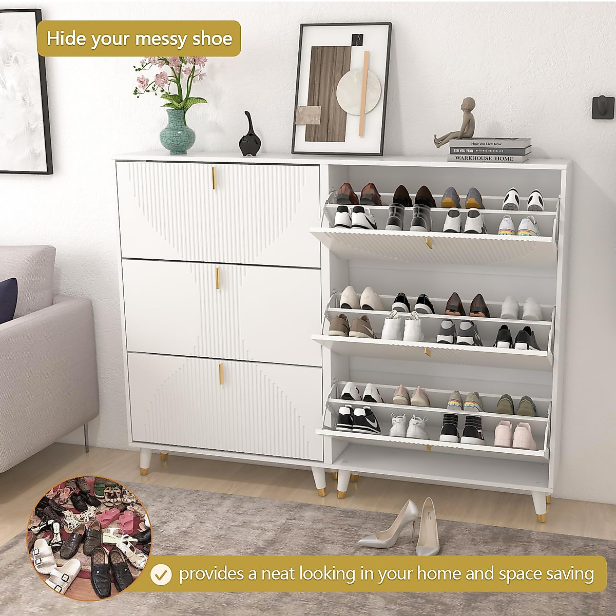FeLeA Entryway Shoe Cabinet, Narrow Shoe Storage Cabinet with 3 Flip Drawers, Modern Slim Shoe Cabinet, Freestanding Shoe Rack, Shoe Organiazer(31.5" Wx 9.45" Dx 47.24" H)