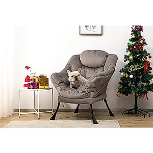 AcozyHom Modern Large Cotton Fabric Lazy Chair，Accent Contemporary Lounge Chair, Single Steel Frame Leisure Sofa Chair with Armrests and A Side Pocket, Smoky Grey